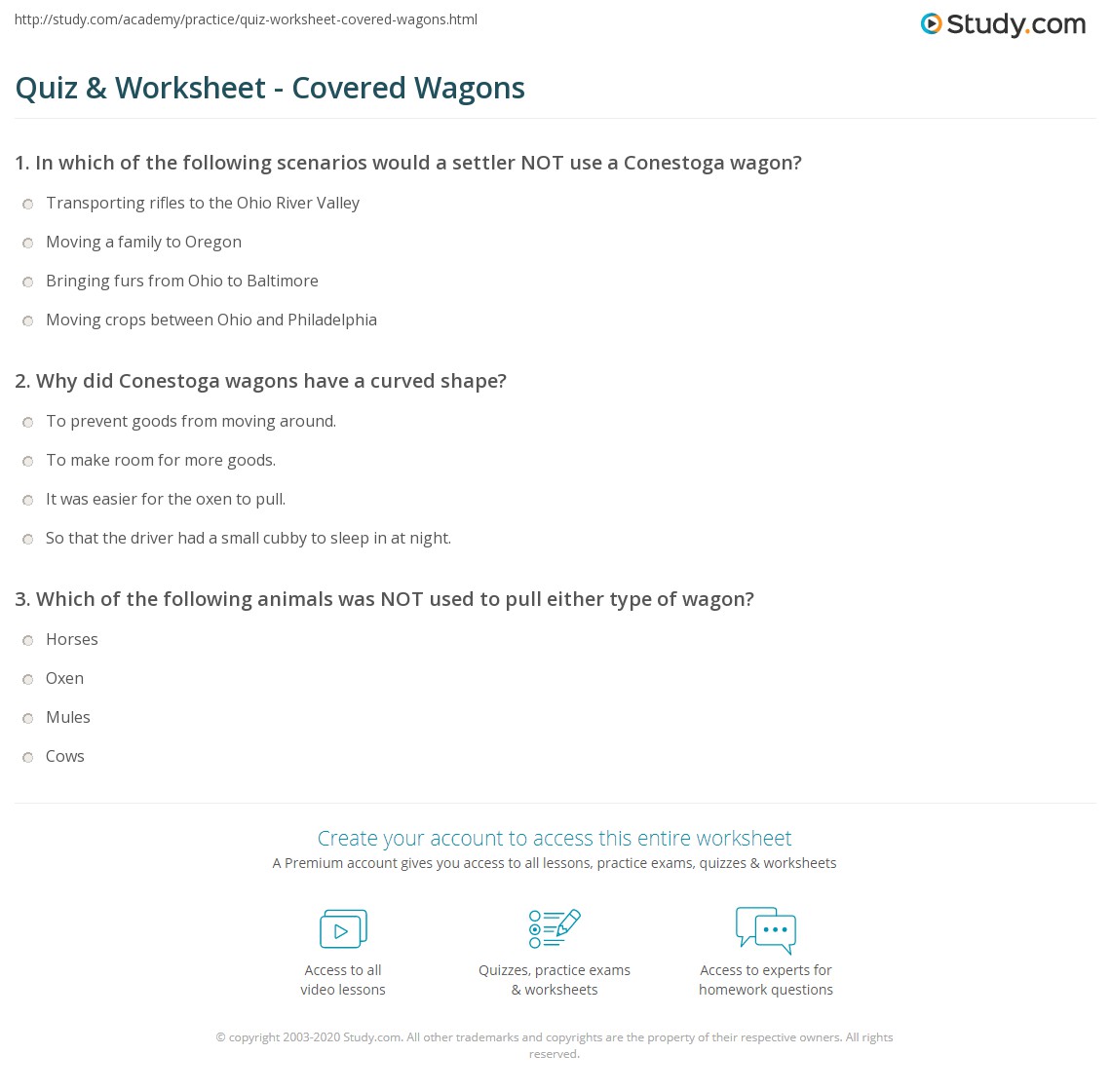 Quiz & Worksheet - Covered Wagons | Study.com