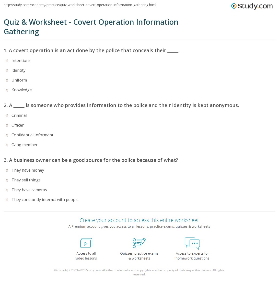 Quiz & Worksheet - Covert Operation Information Gathering | Study.com
