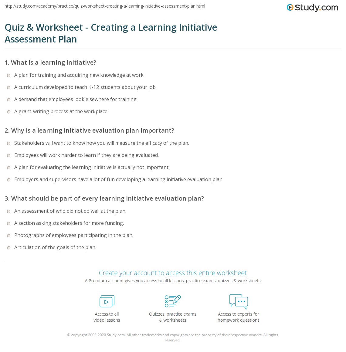 Quiz & Worksheet - Creating a Learning Initiative Assessment Plan ...