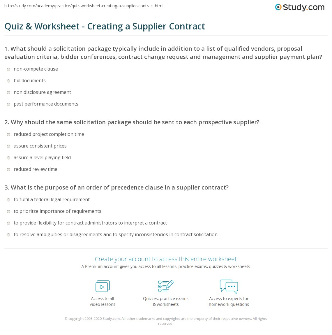 Quiz & Worksheet - Creating a Supplier Contract | Study.com