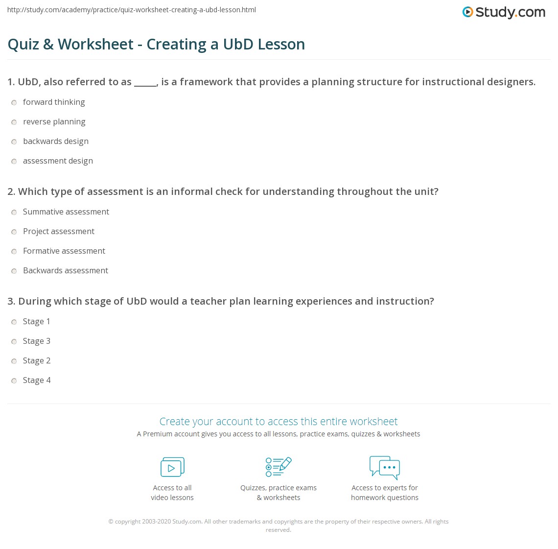 Quiz & Worksheet - Creating a UbD Lesson | Study.com