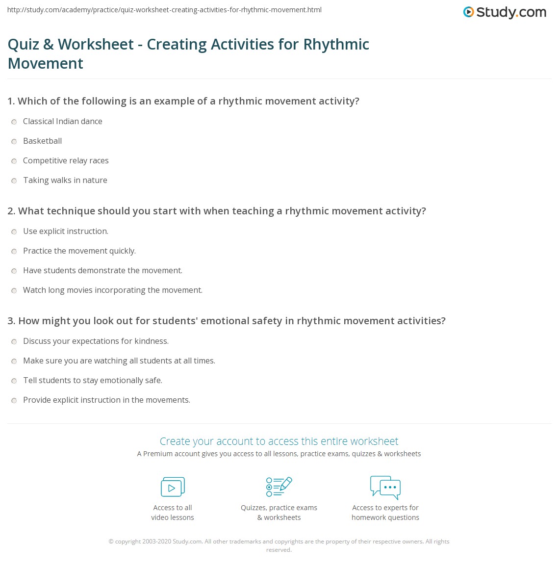 Quiz & Worksheet - Creating Activities for Rhythmic Movement | Study.com
