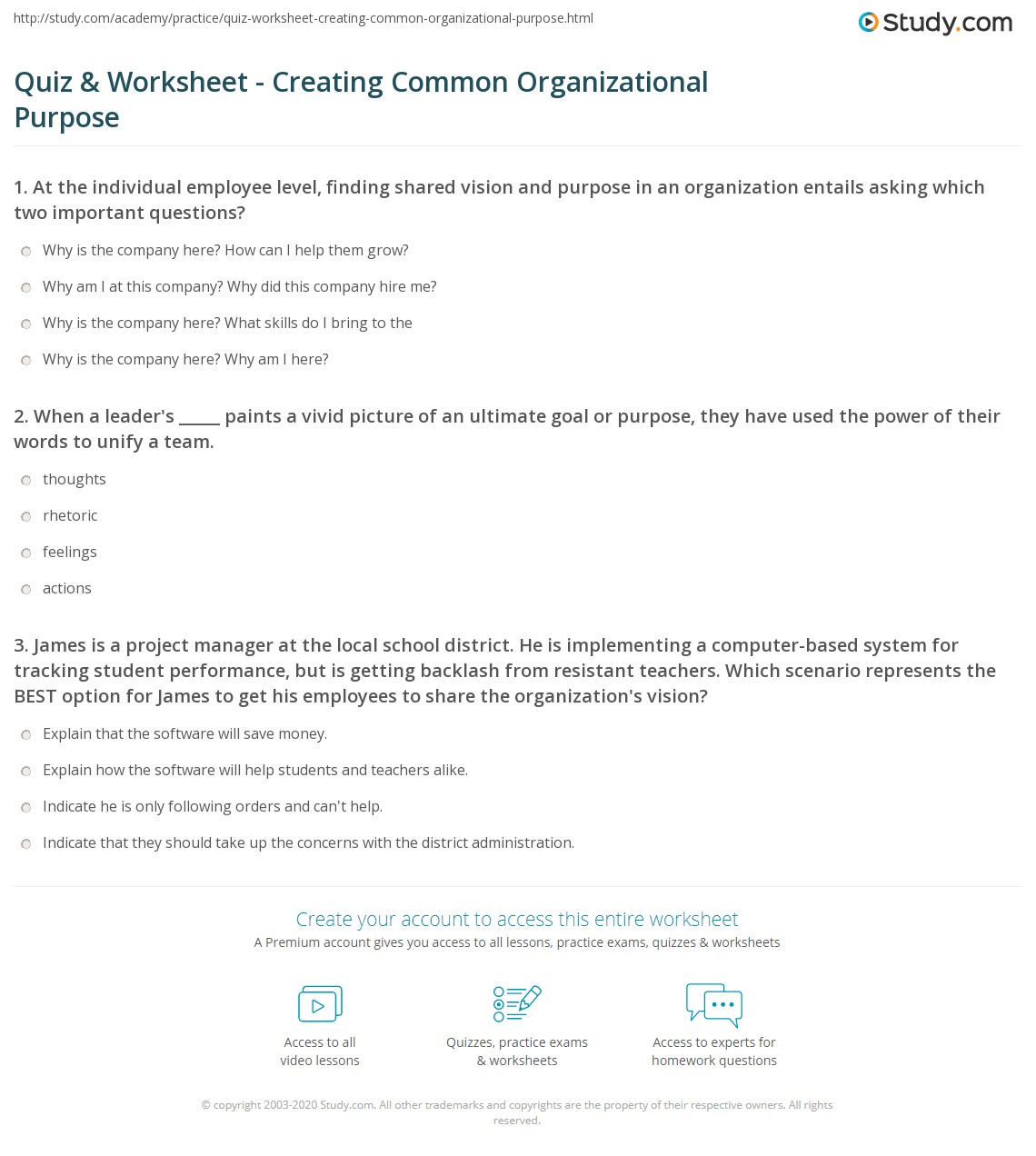 Quiz & Worksheet - Creating Common Organizational Purpose | Study.com