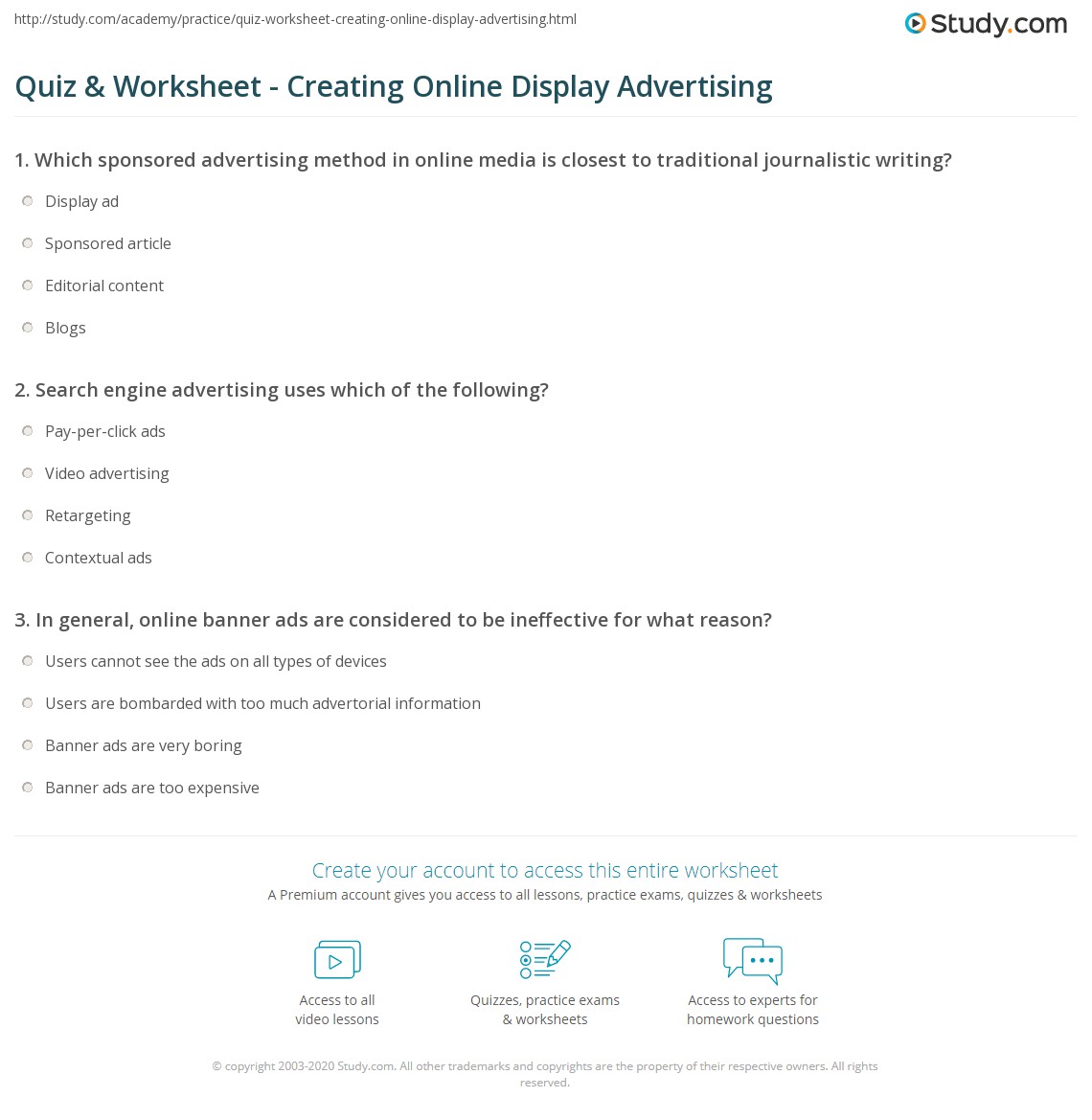 Quiz & Worksheet - Creating Online Display Advertising | Study.com