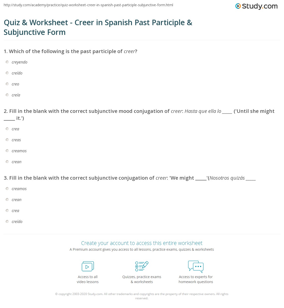 Quiz & Worksheet - Creer in Spanish Past Participle & Subjunctive Form ...