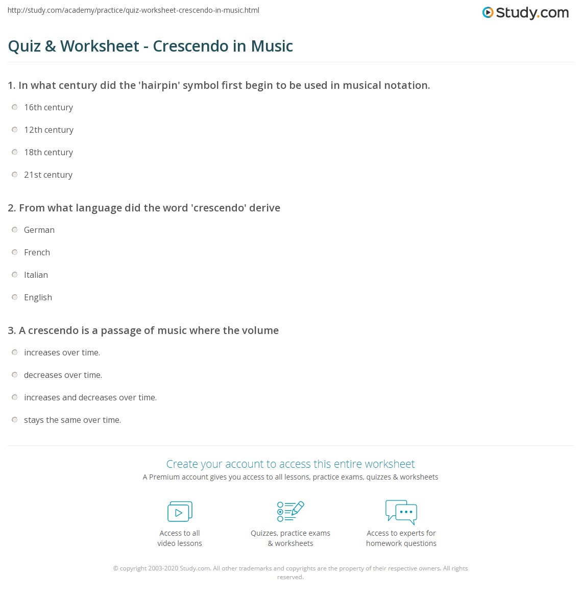 Quiz & Worksheet - Crescendo in Music | Study.com