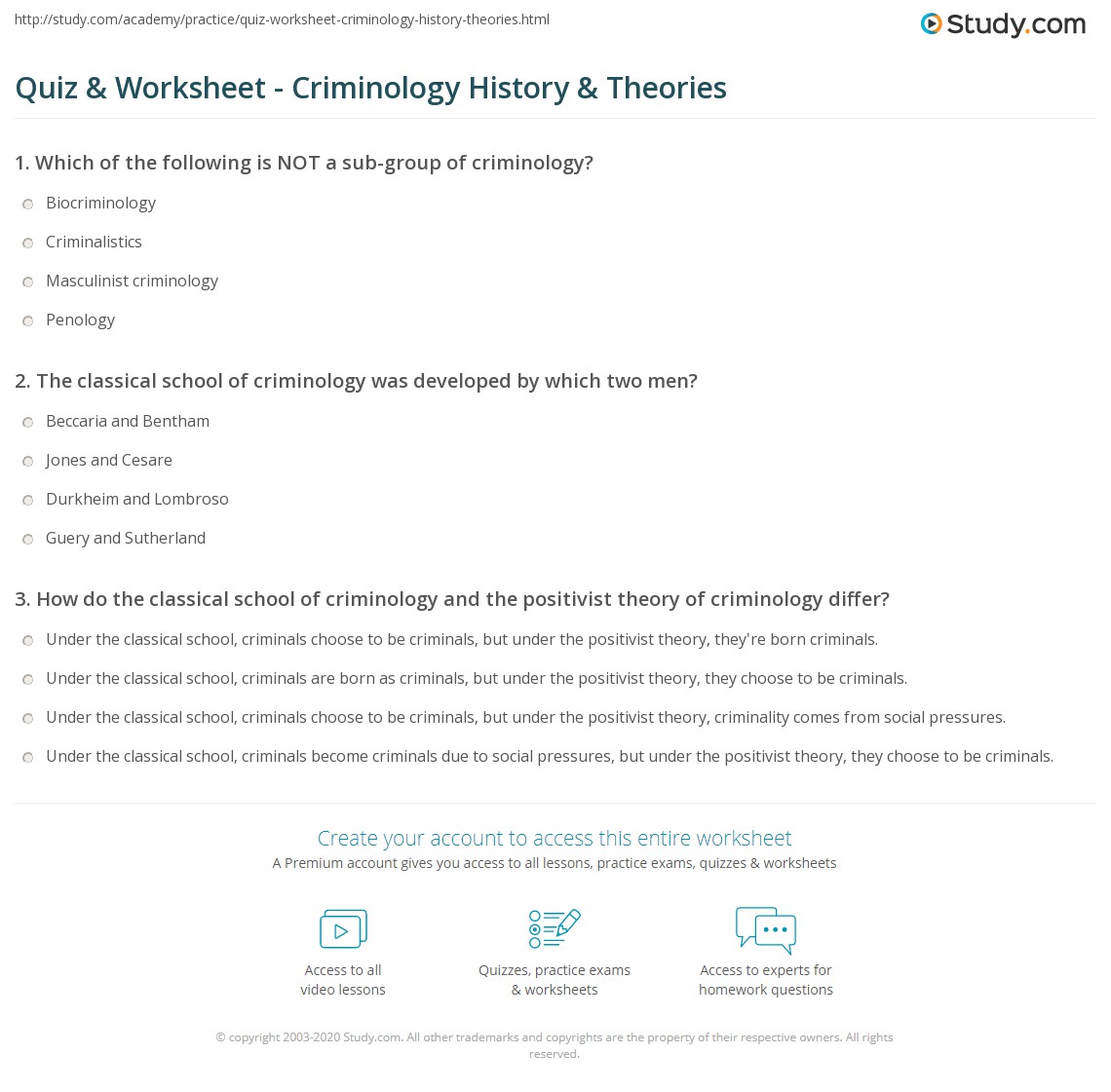 Quiz & Worksheet - Criminology History & Theories | Study.com