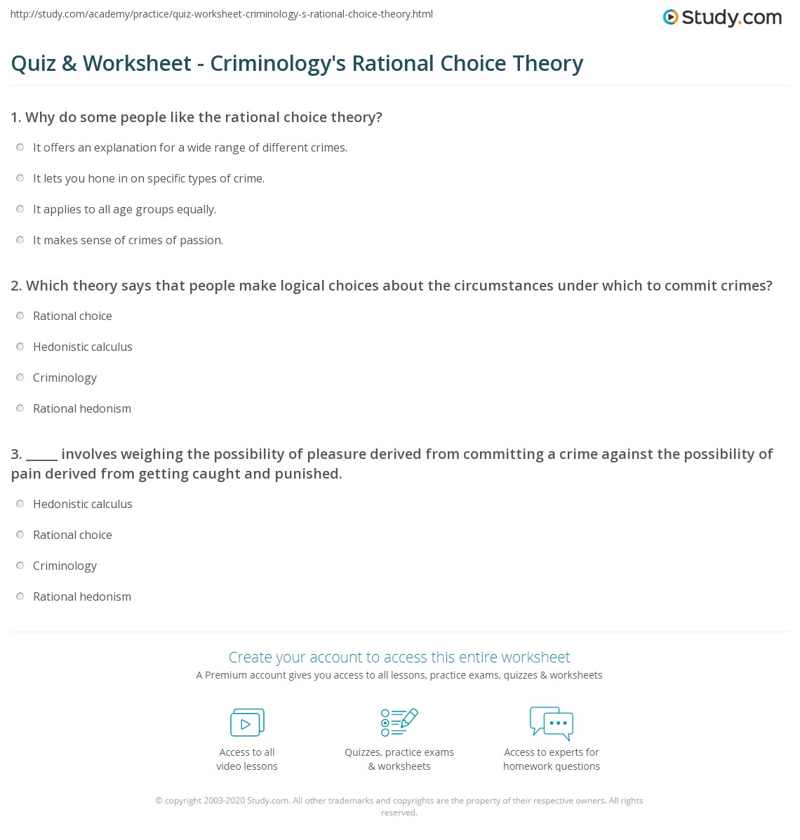 Quiz & Worksheet - Criminology's Rational Choice Theory | Study.com