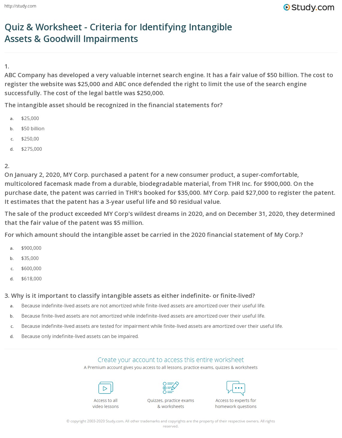 Quiz & Worksheet - Criteria for Identifying Intangible Assets ...