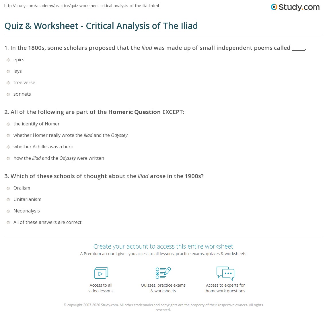 Quiz & Worksheet - Critical Analysis of The Iliad | Study.com