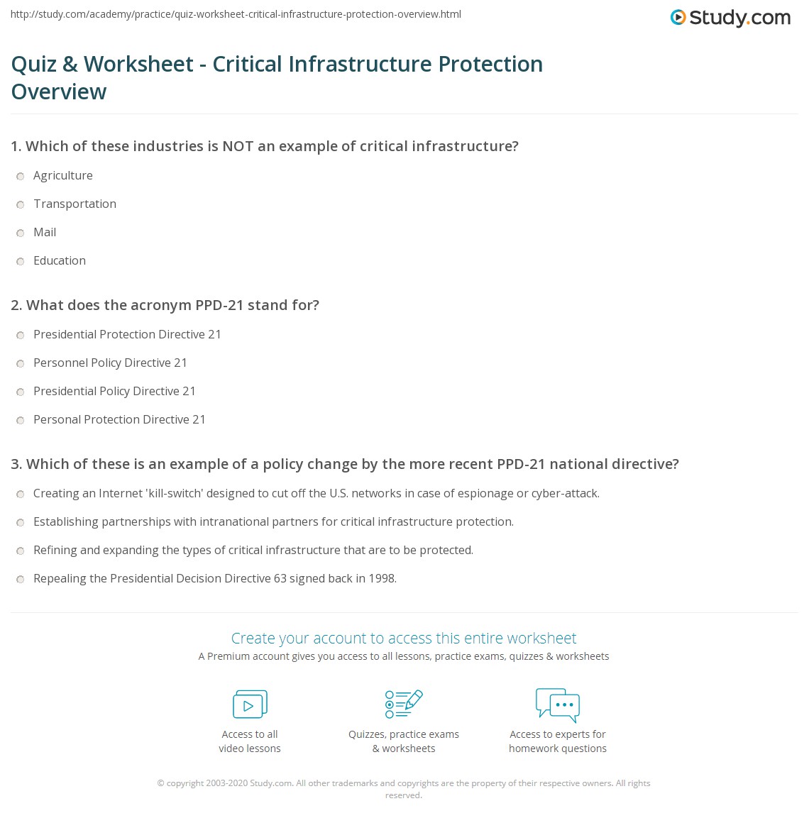Quiz & Worksheet - Critical Infrastructure Protection Overview | Study.com