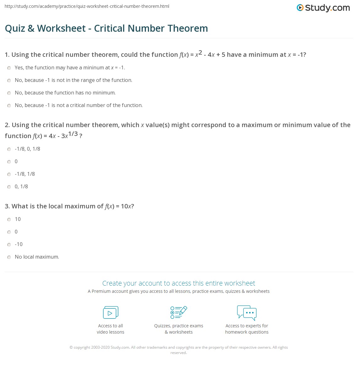 Quiz & Worksheet - Critical Number Theorem | Study.com
