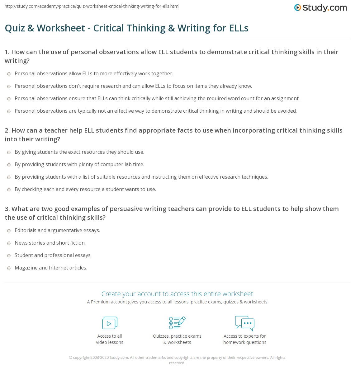 Quiz & Worksheet - Critical Thinking & Writing for ELLs | Study.com