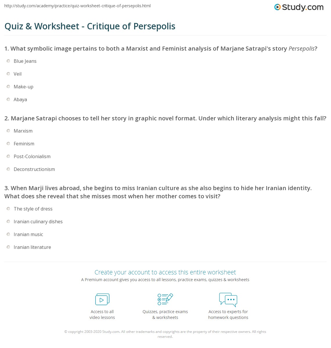 Quiz & Worksheet - Critique of Persepolis | Study.com