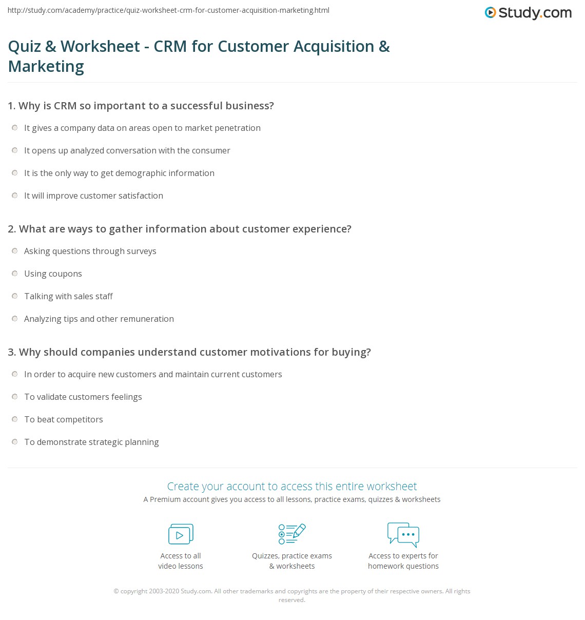 Quiz & Worksheet - CRM for Customer Acquisition & Marketing | Study.com