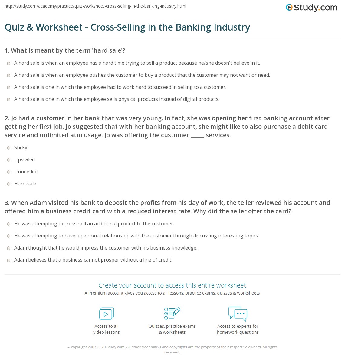 Quiz & Worksheet - Cross-Selling in the Banking Industry | Study.com