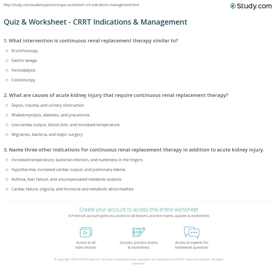 Quiz & Worksheet - CRRT Indications & Management | Study.com