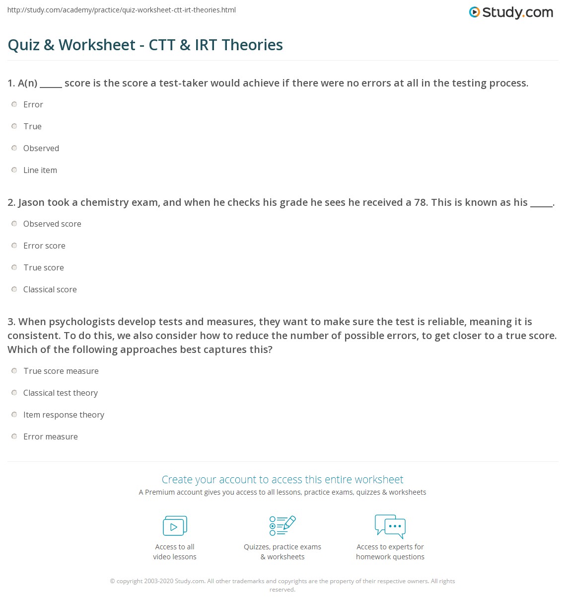 Quiz & Worksheet - CTT & IRT Theories | Study.com