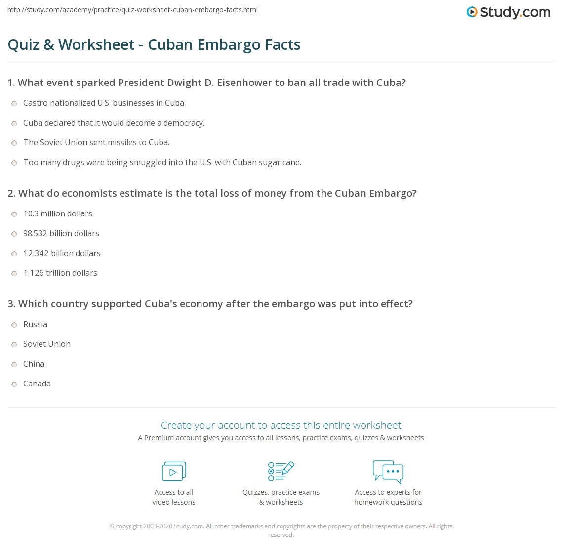 Quiz & Worksheet - Cuban Embargo Facts | Study.com
