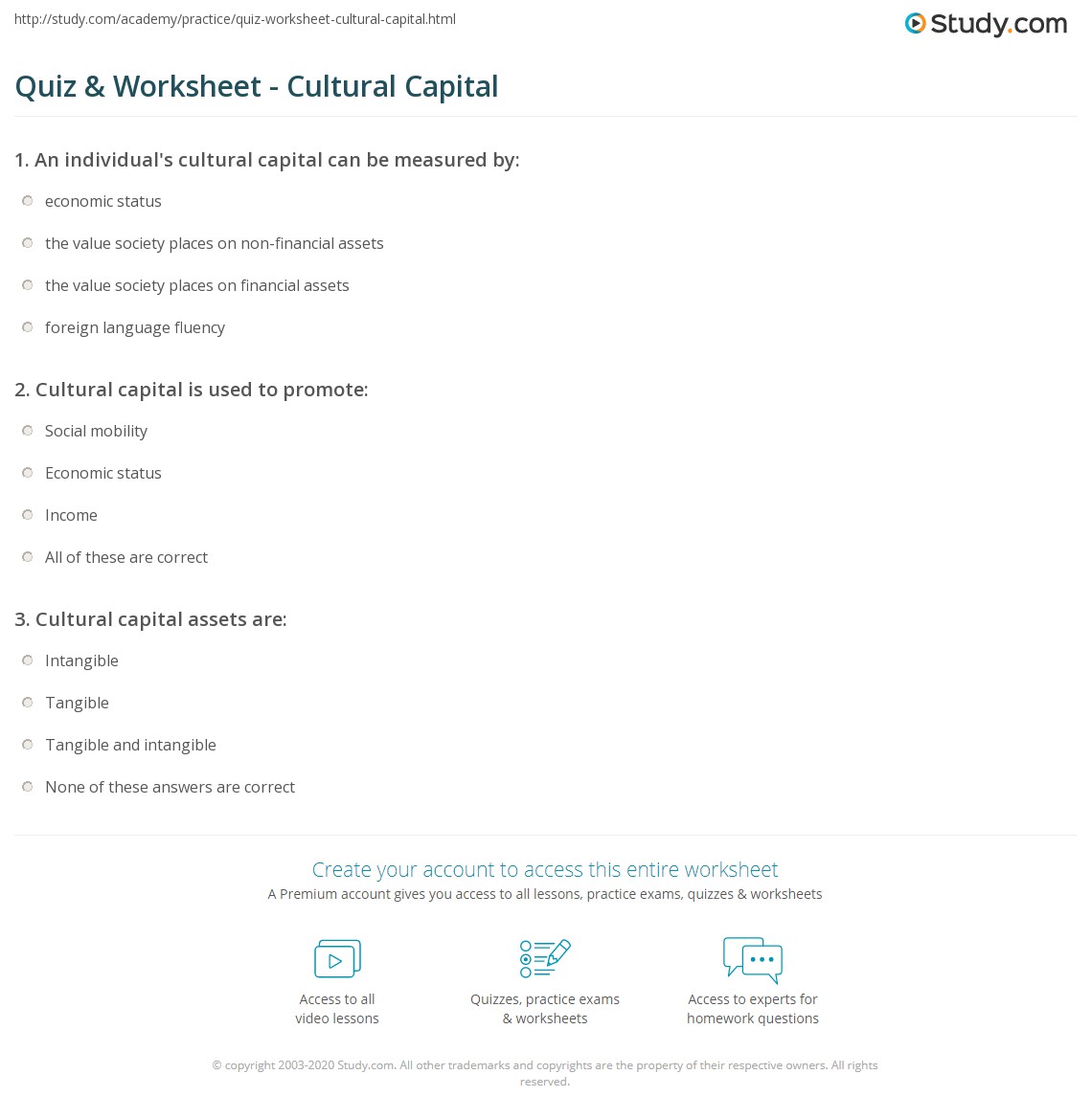 Quiz & Worksheet - Cultural Capital | Study.com