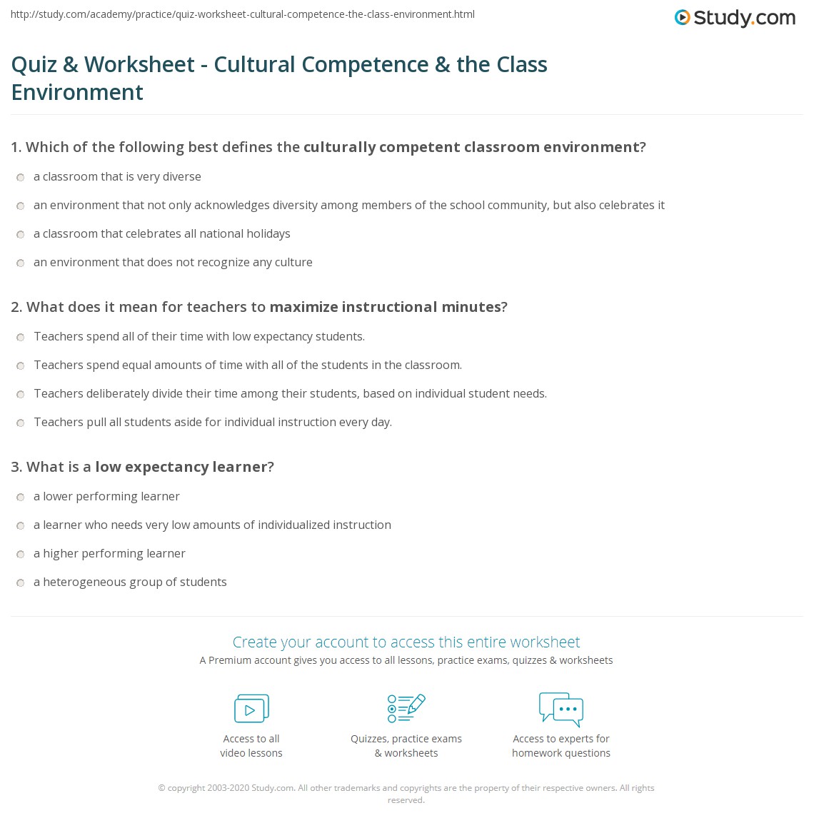 Quiz & Worksheet - Cultural Competence & the Class Environment | Study.com