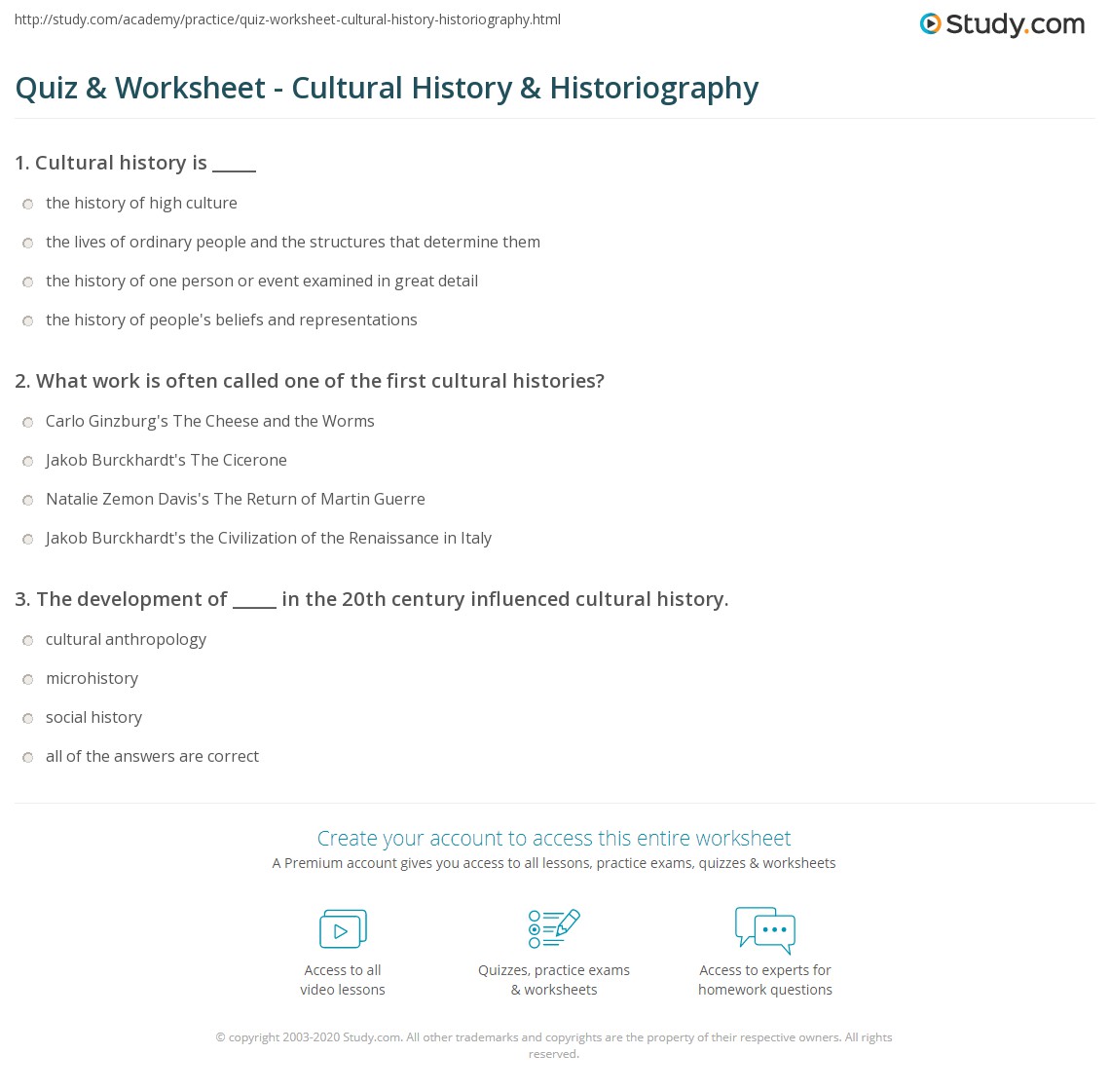 Quiz & Worksheet - Cultural History & Historiography | Study.com