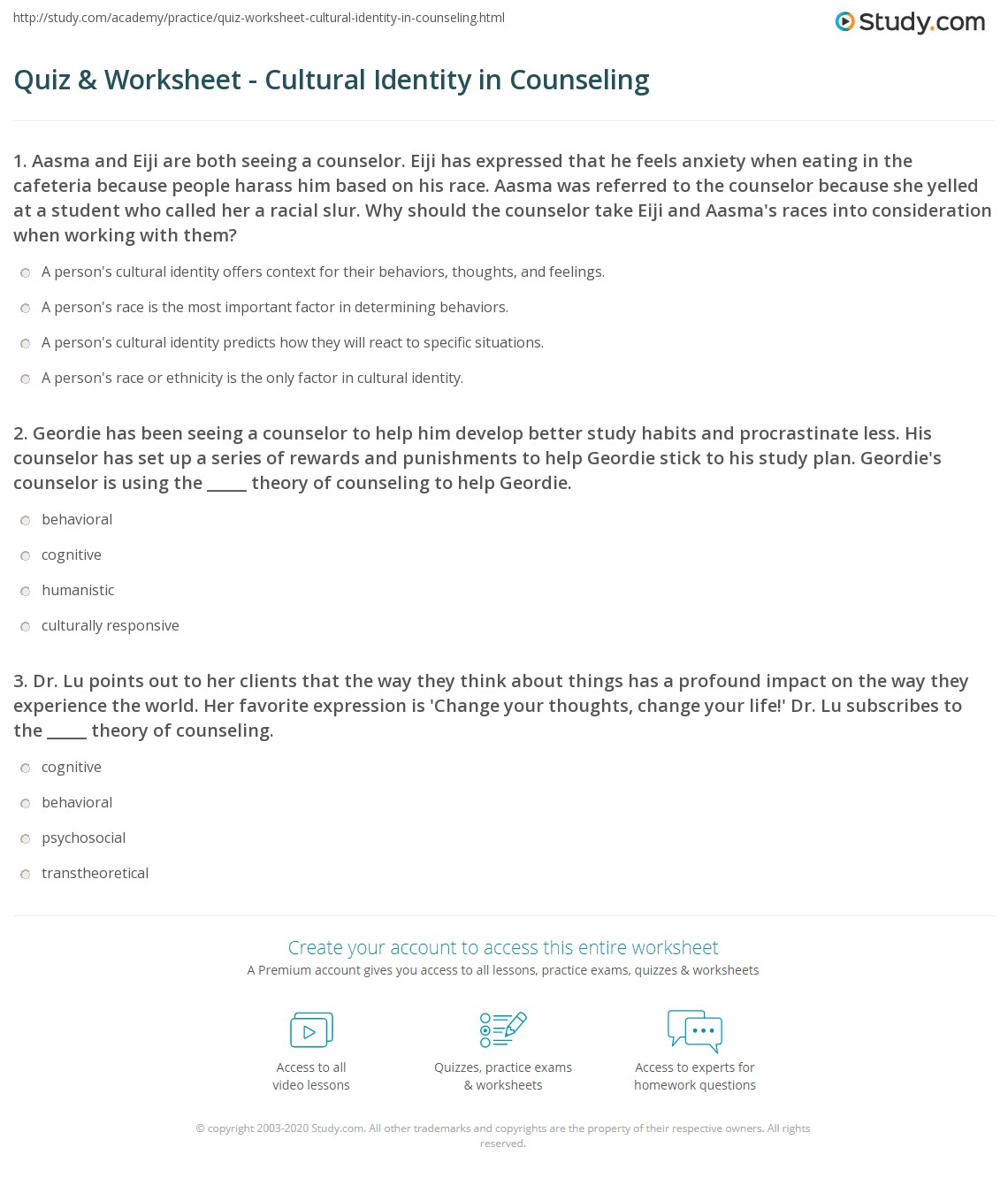 Quiz & Worksheet - Cultural Identity in Counseling | Study.com