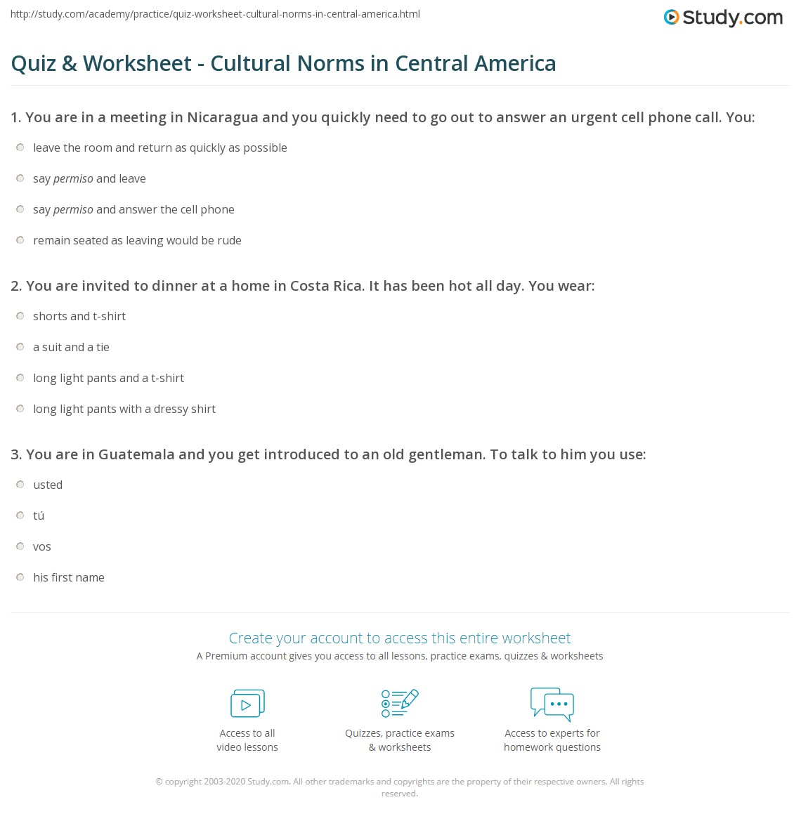 Quiz & Worksheet - Cultural Norms in Central America | Study.com