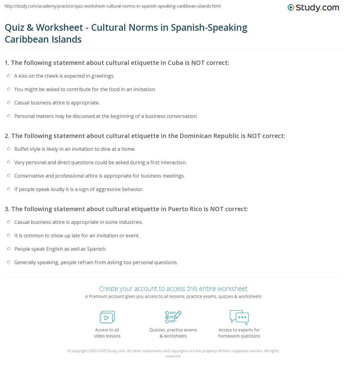 Quiz & Worksheet - Cultural Norms in Spanish-Speaking Caribbean Islands ...