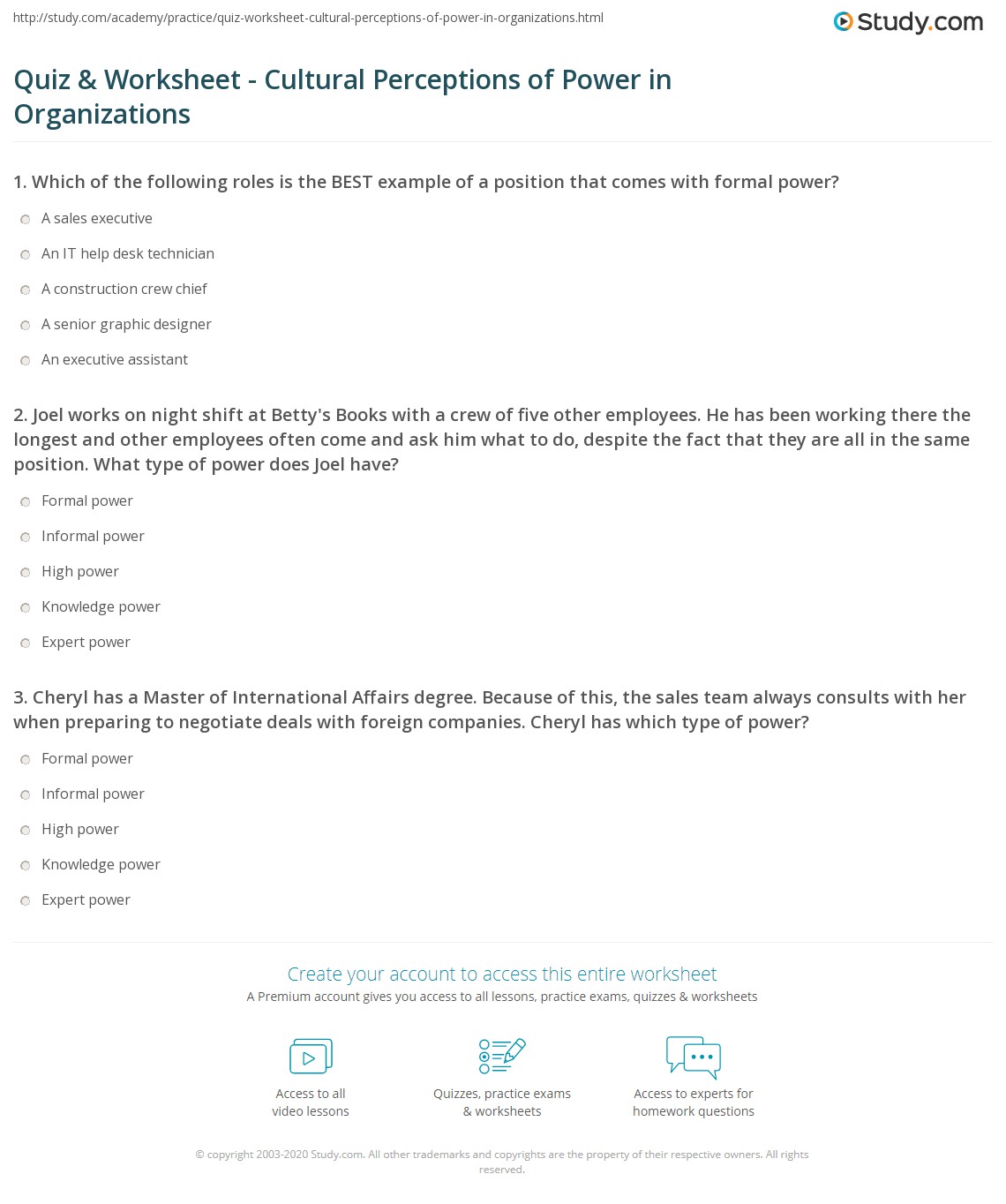 Quiz & Worksheet - Cultural Perceptions of Power in Organizations ...