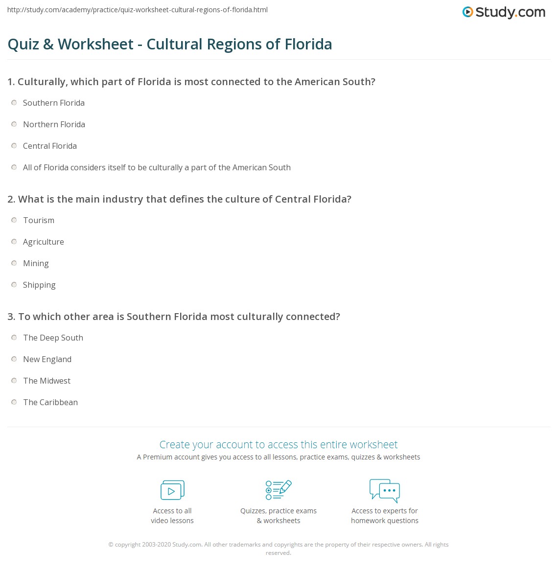 Quiz & Worksheet - Cultural Regions of Florida | Study.com