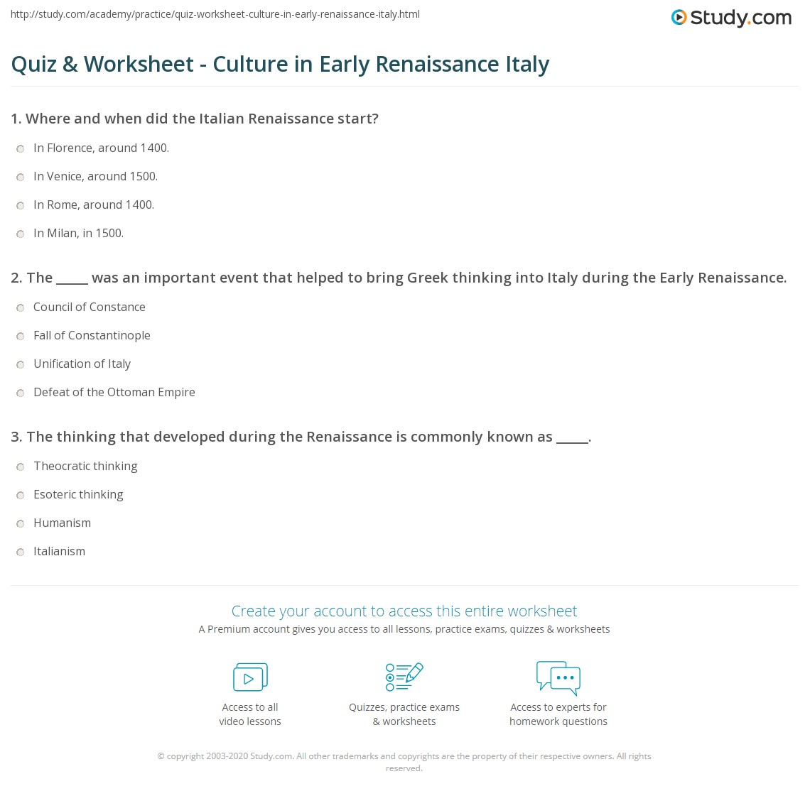 Quiz & Worksheet - Culture in Early Renaissance Italy | Study.com