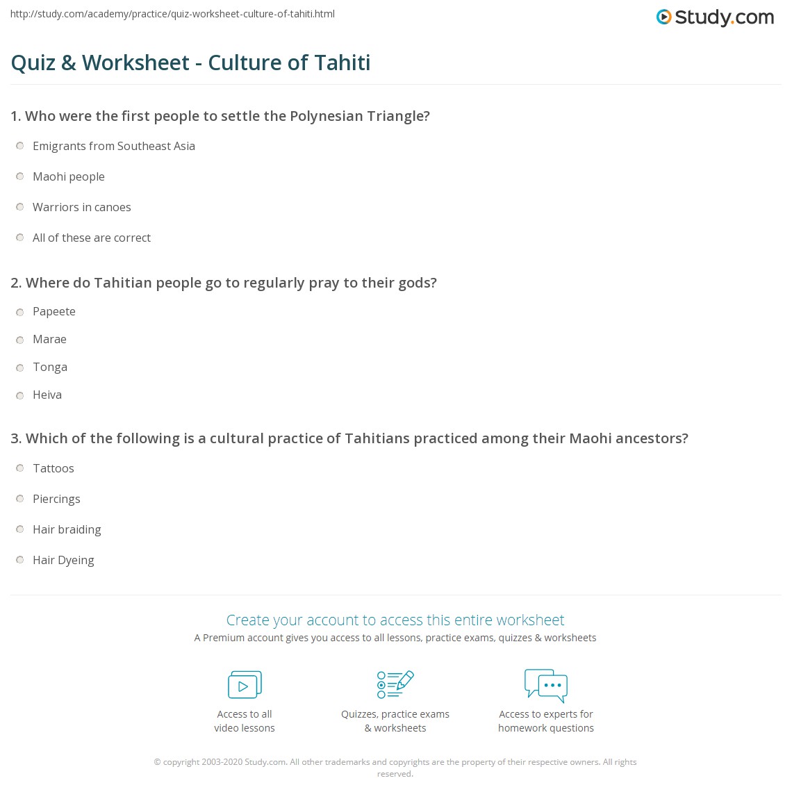 Quiz & Worksheet - Culture of Tahiti | Study.com