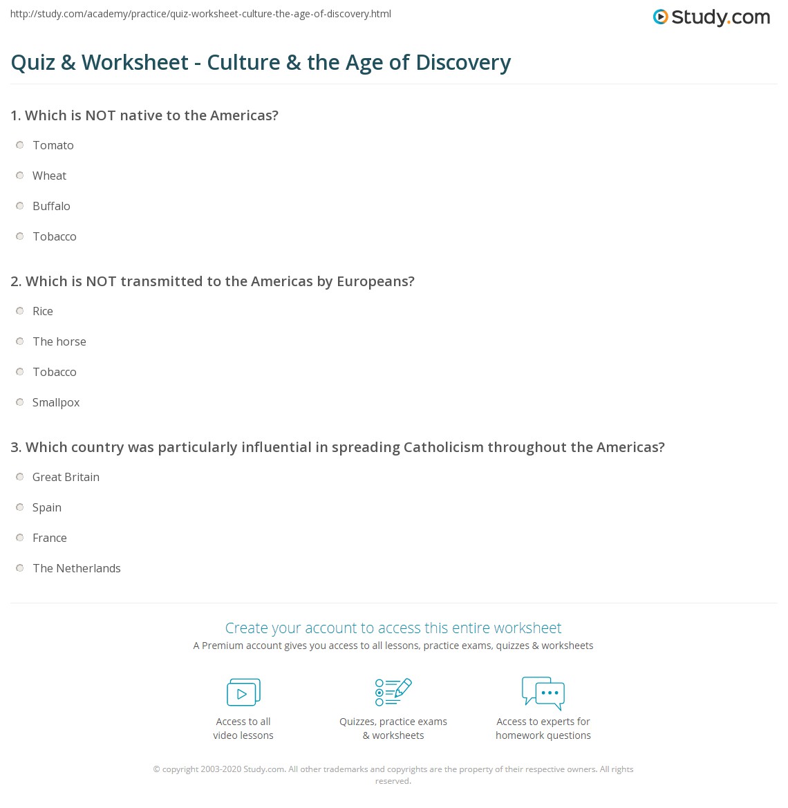 Quiz & Worksheet - Culture & the Age of Discovery | Study.com
