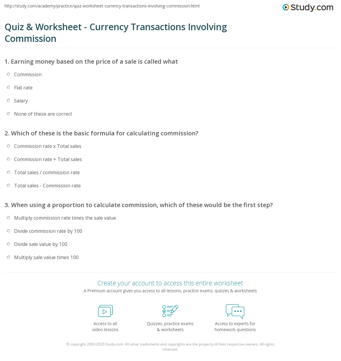 Quiz & Worksheet - Currency Transactions Involving Commission | Study.com
