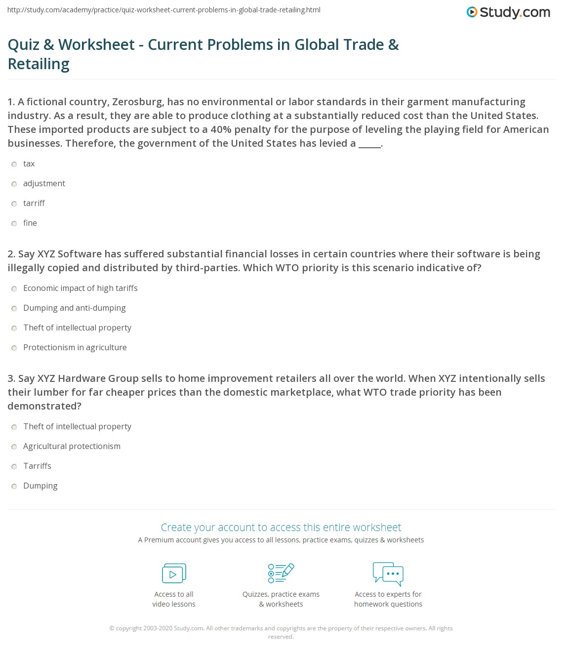 Quiz & Worksheet - Current Problems in Global Trade & Retailing | Study.com