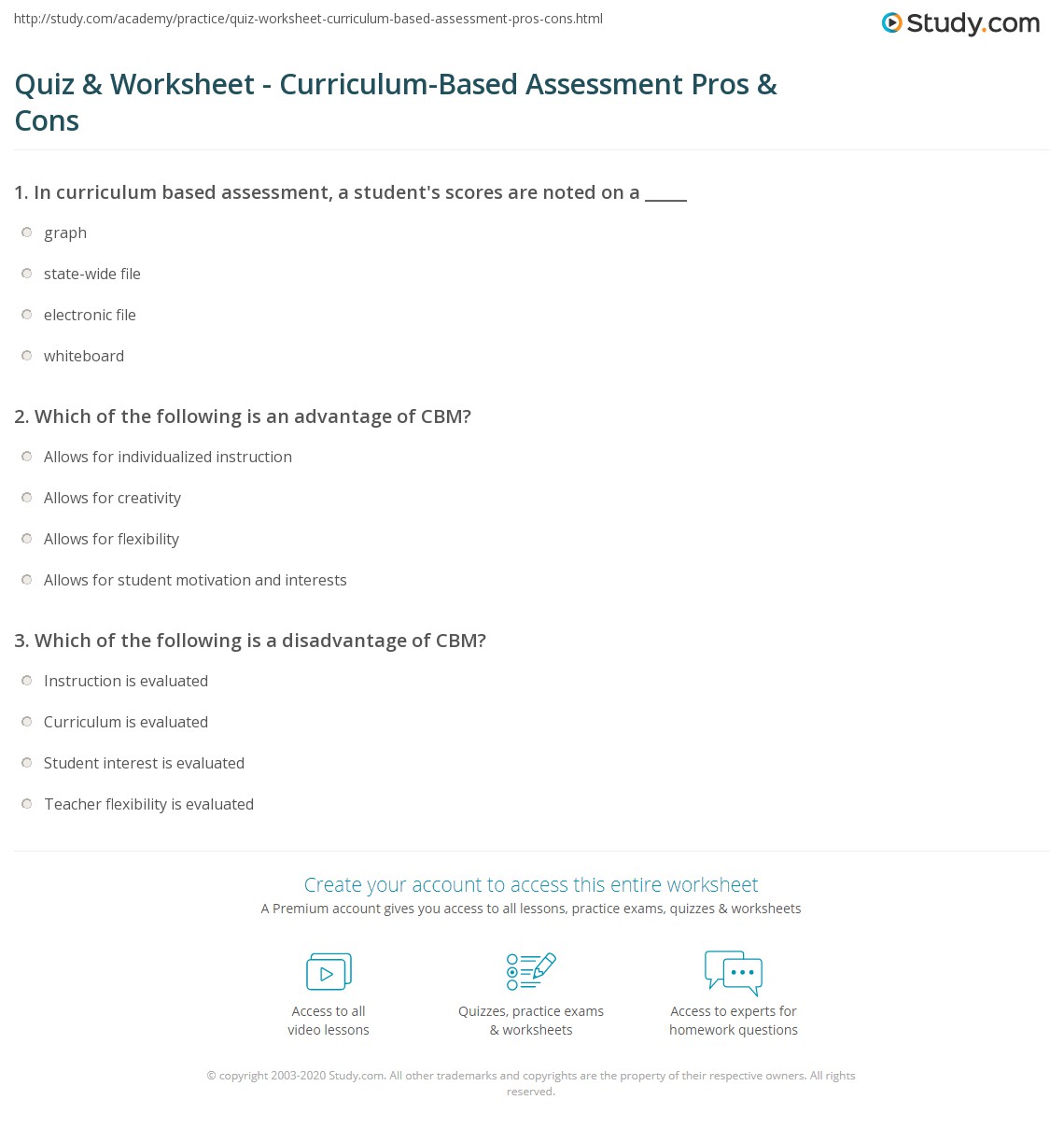 Quiz & Worksheet - Curriculum-Based Assessment Pros & Cons | Study.com