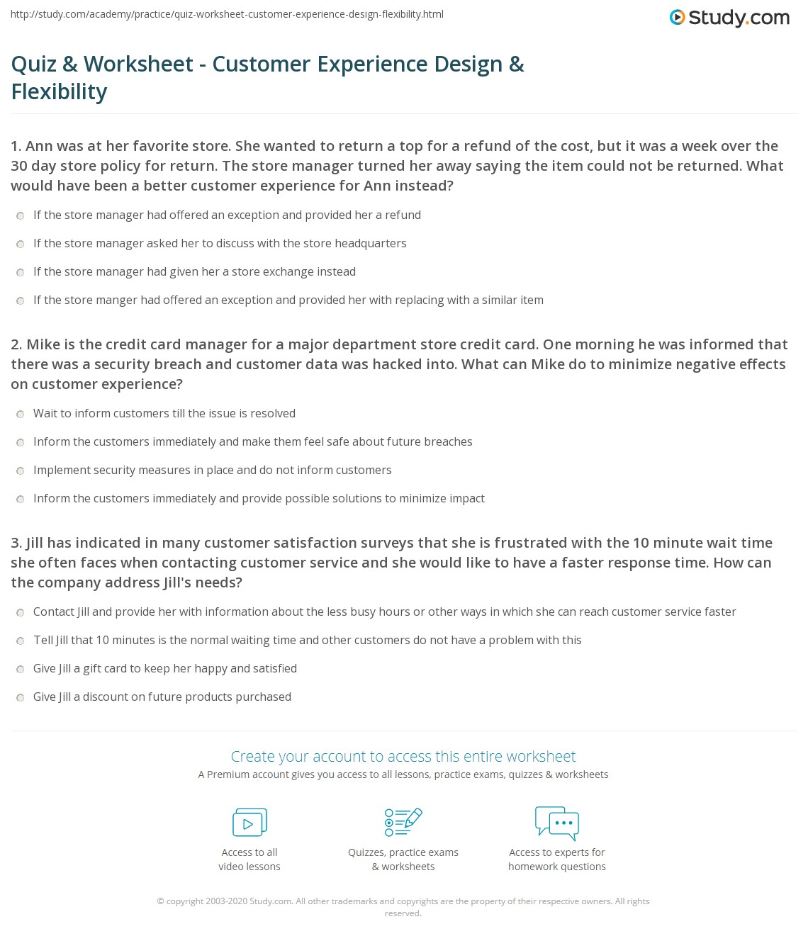 Quiz & Worksheet - Customer Experience Design & Flexibility | Study.com