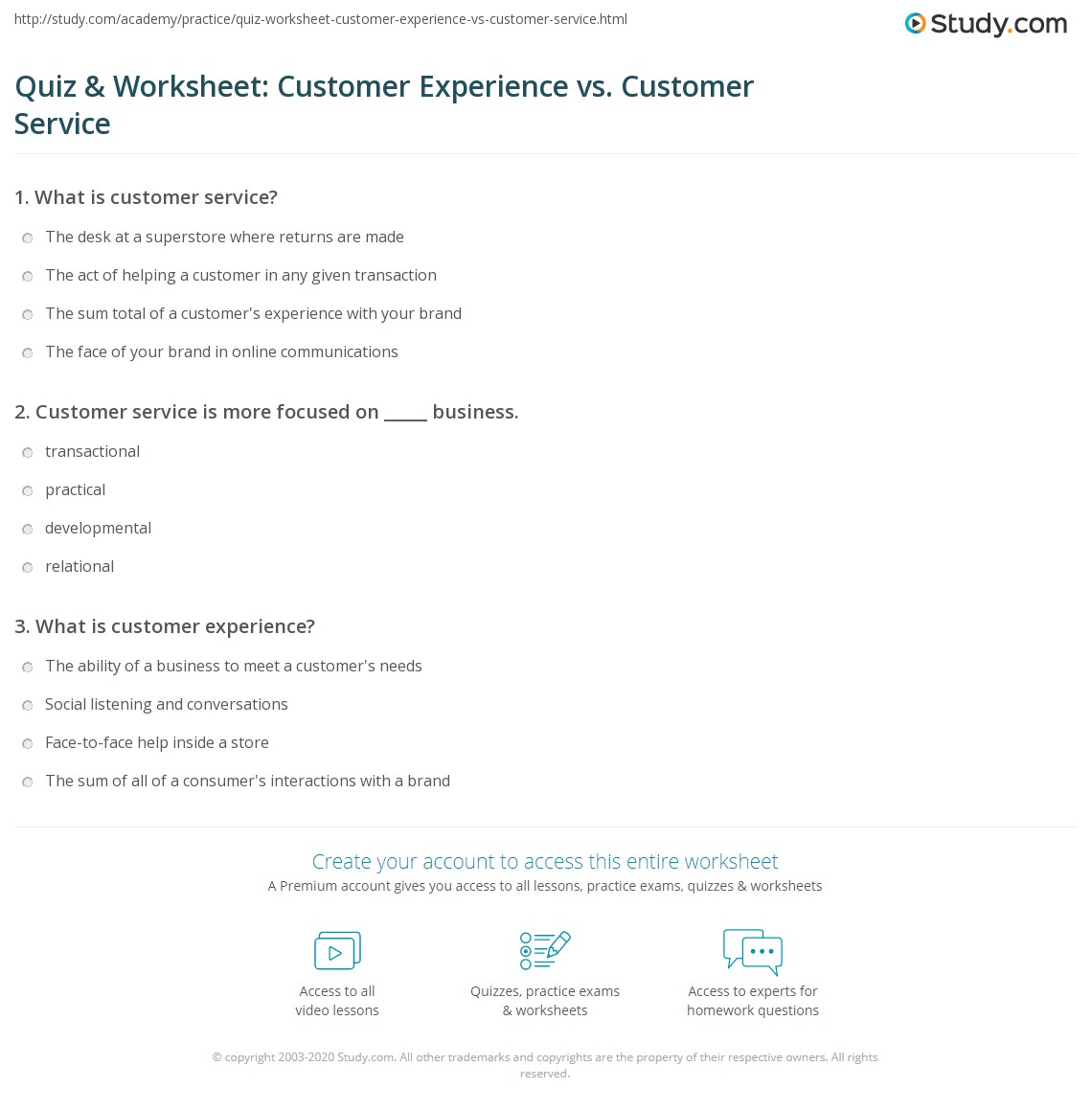 Quiz & Worksheet: Customer Experience vs. Customer Service | Study.com