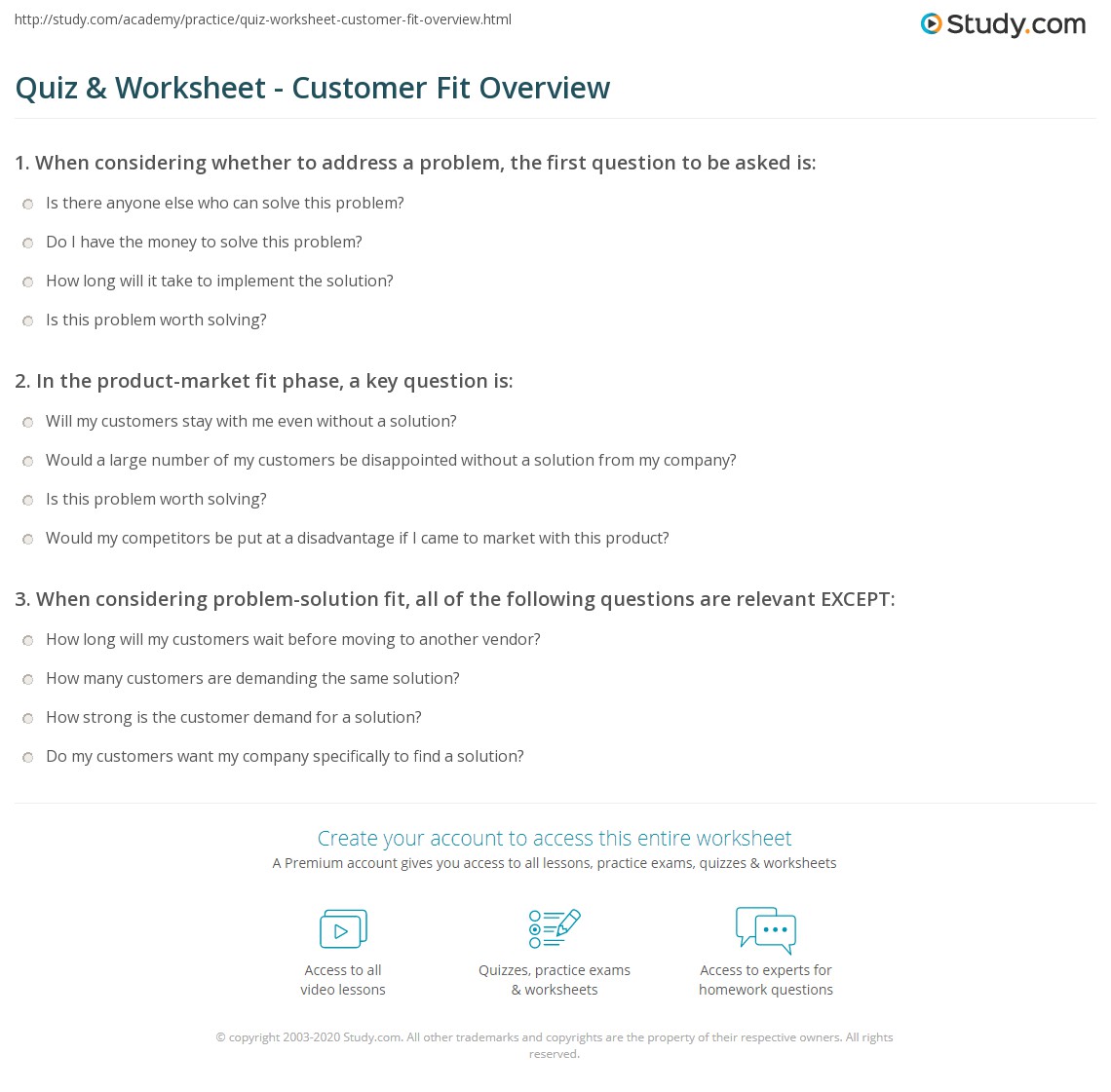 Quiz & Worksheet - Customer Fit Overview | Study.com