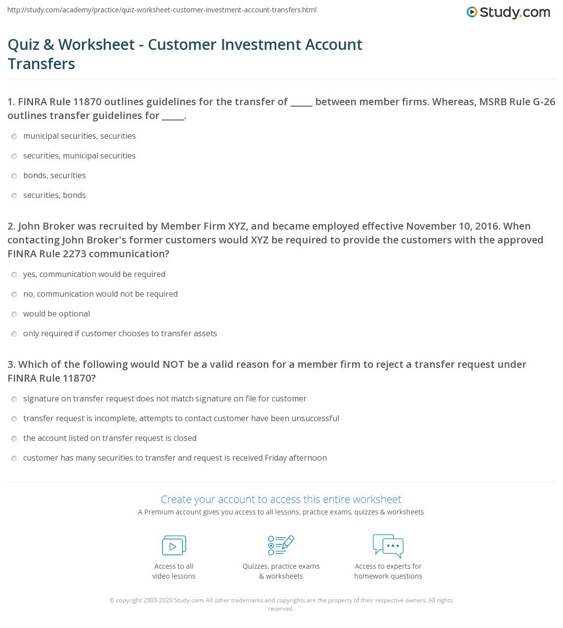 Quiz & Worksheet - Customer Investment Account Transfers | Study.com