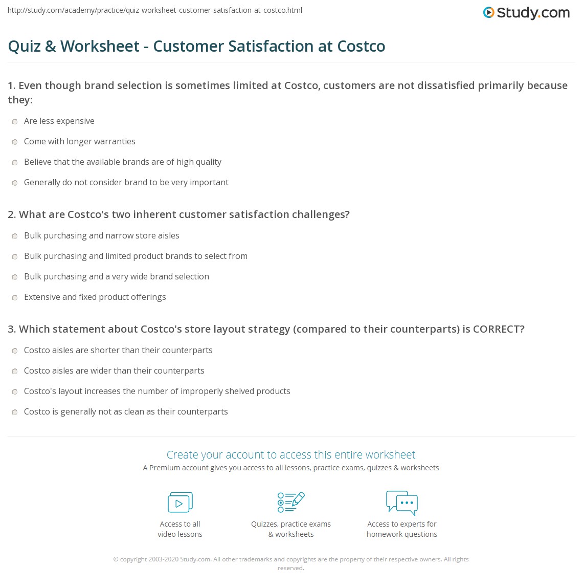 Quiz & Worksheet - Customer Satisfaction at Costco | Study.com