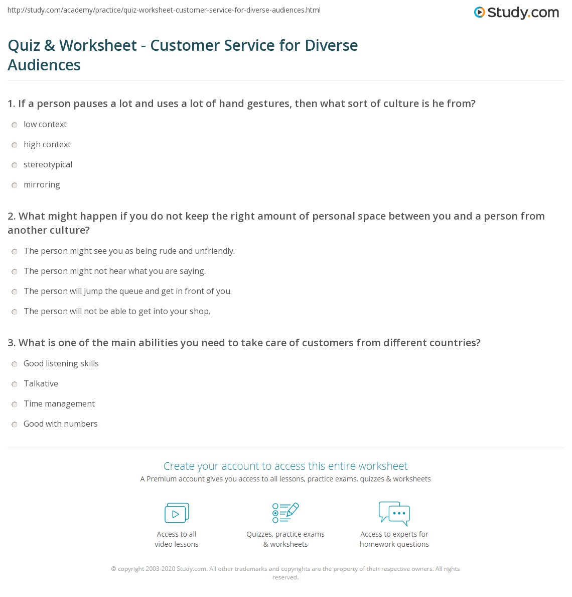 Quiz & Worksheet - Customer Service for Diverse Audiences | Study.com