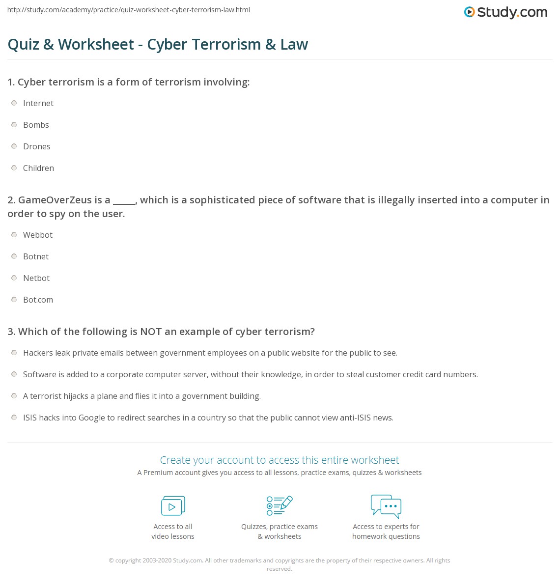 Quiz & Worksheet - Cyber Terrorism & Law | Study.com