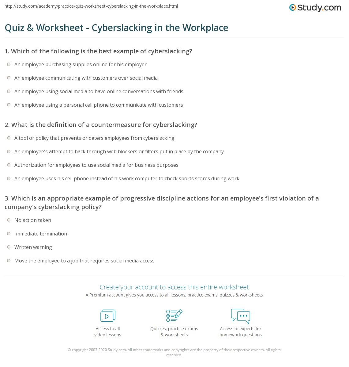 Quiz & Worksheet - Cyberslacking in the Workplace | Study.com