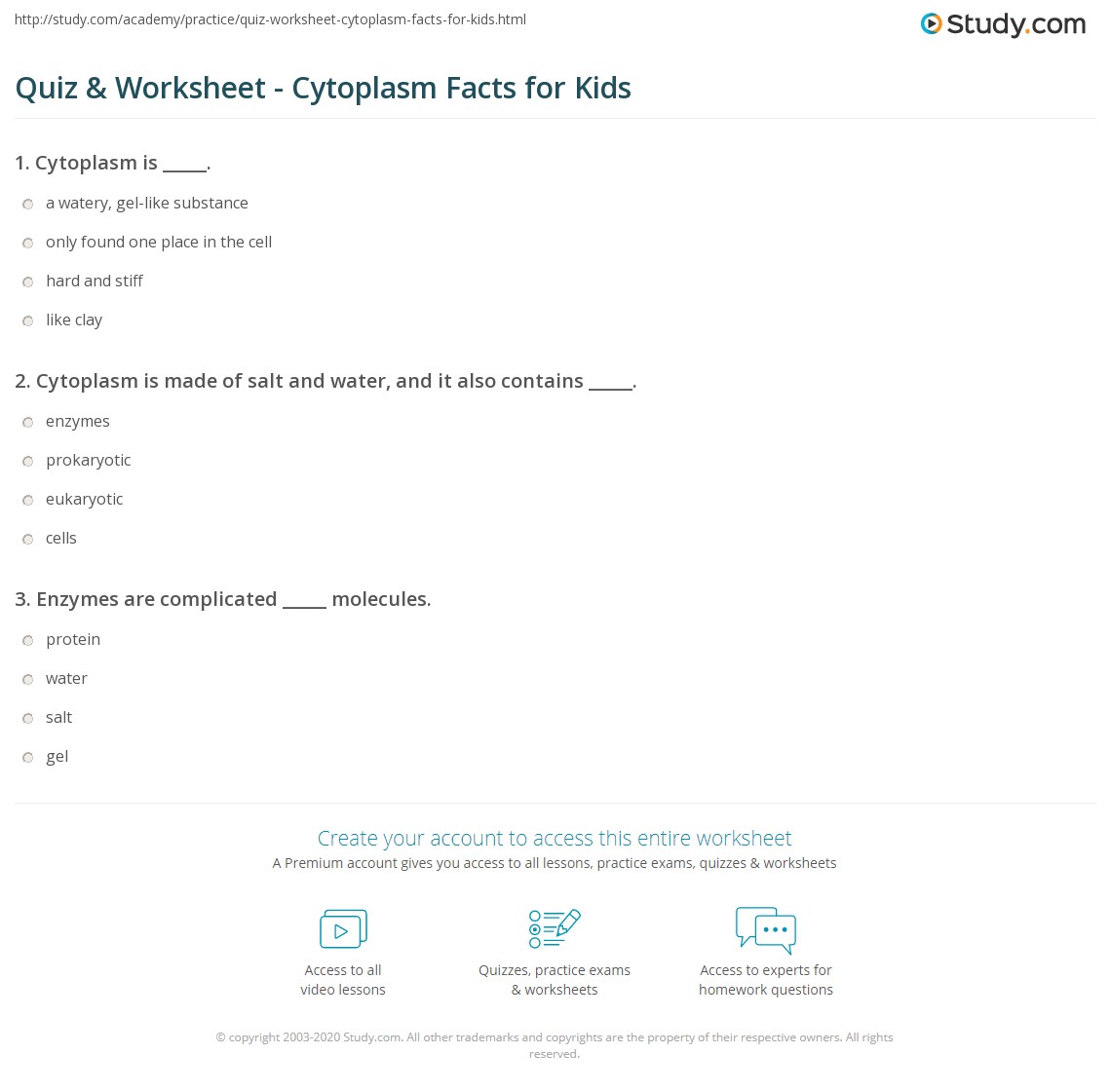 Quiz & Worksheet - Cytoplasm Facts for Kids | Study.com