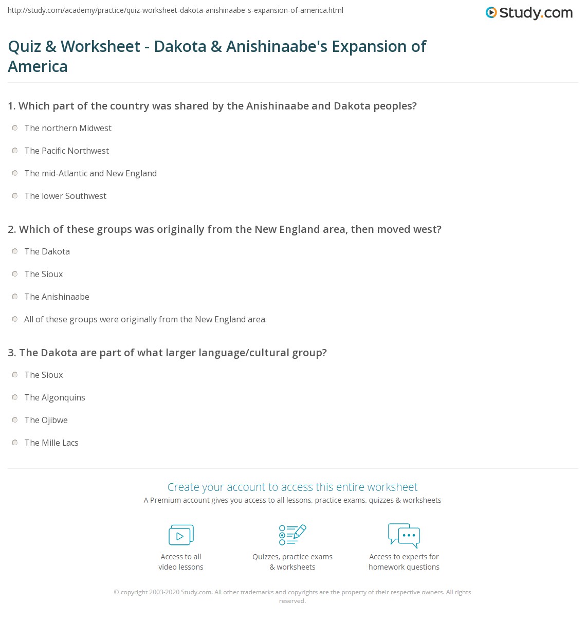 Quiz & Worksheet - Dakota & Anishinaabe's Expansion of America | Study.com