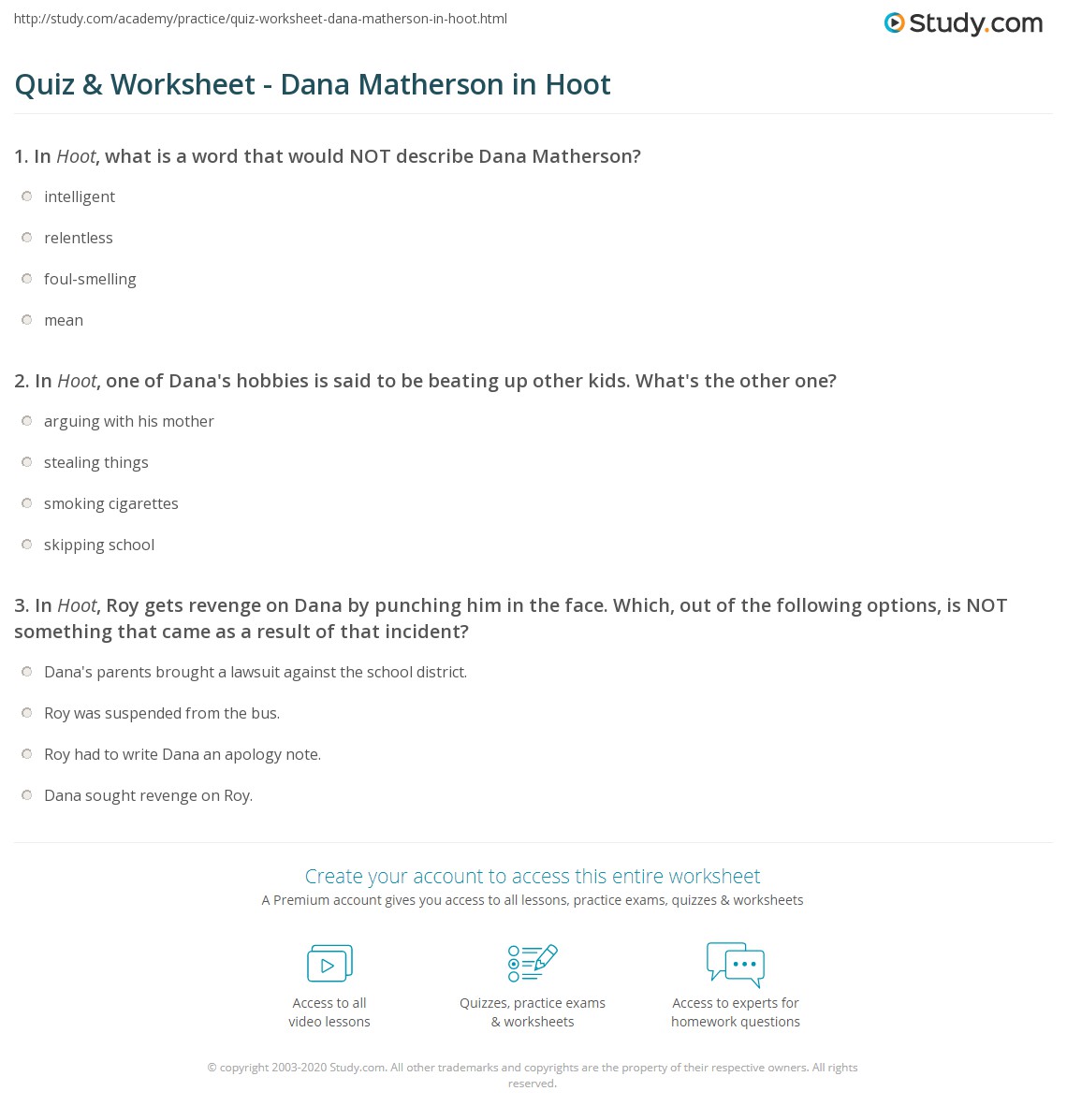 Quiz & Worksheet - Dana Matherson in Hoot | Study.com