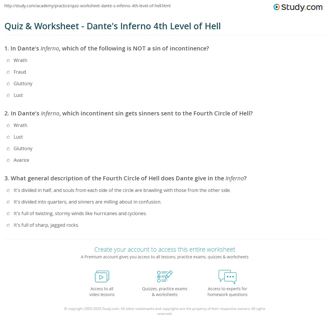 Quiz & Worksheet - Dante's Inferno 4th Level of Hell | Study.com