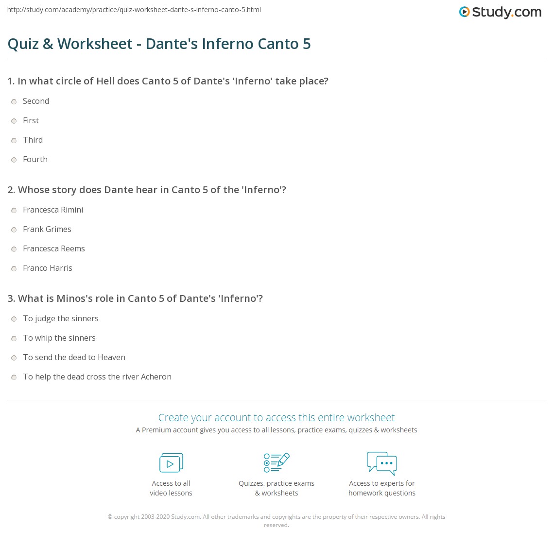 Quiz & Worksheet - Dante's Inferno Canto 5 | Study.com
